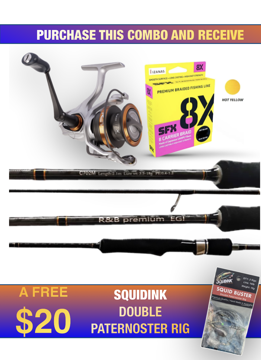 R&B Egi 7′ Rod / Revo X 10 / SFX X8 6lb 135m Braid – Fishing R Us Pty Ltd